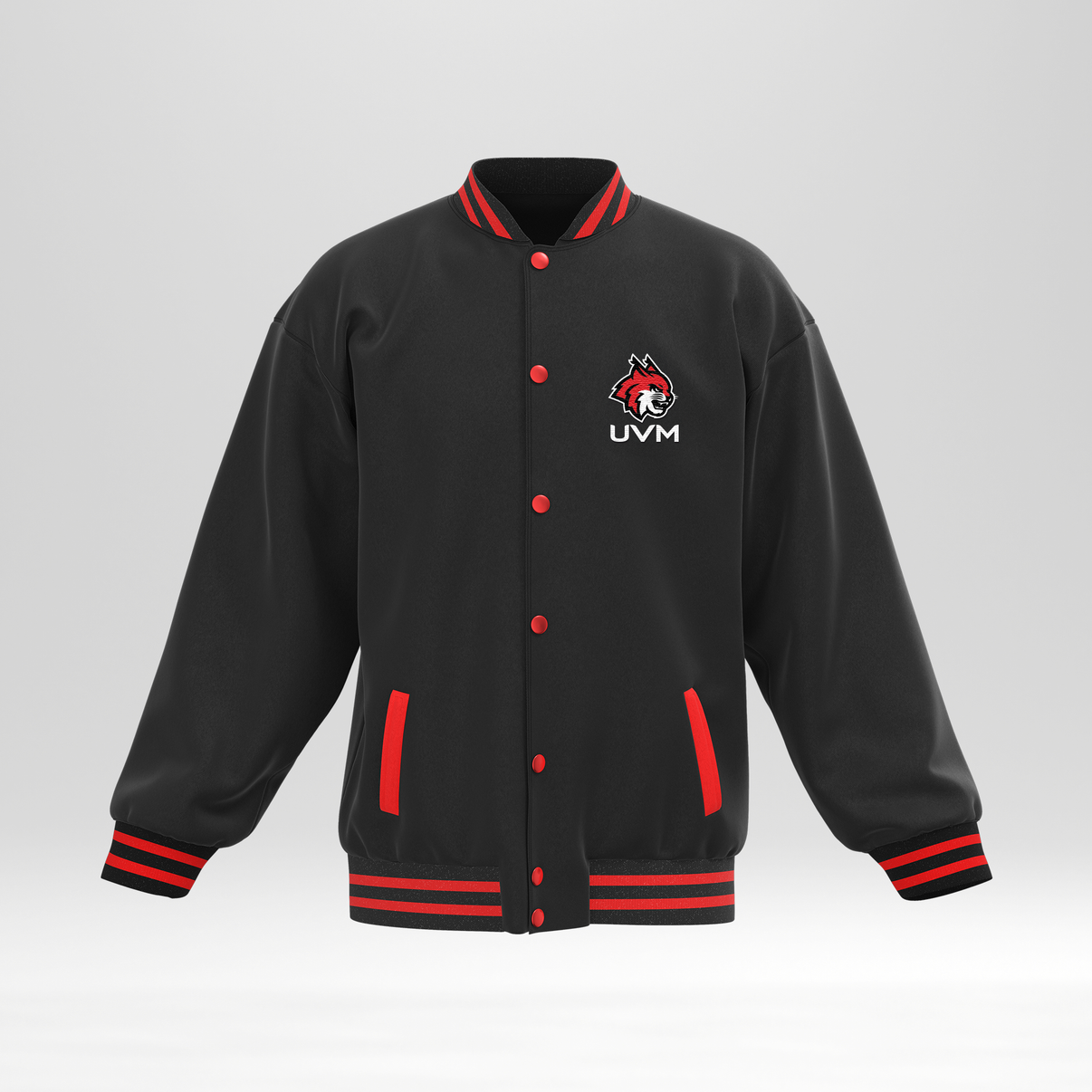 Chamarra universitaria negra con detalles rojos UVM logo linces – UVM Store